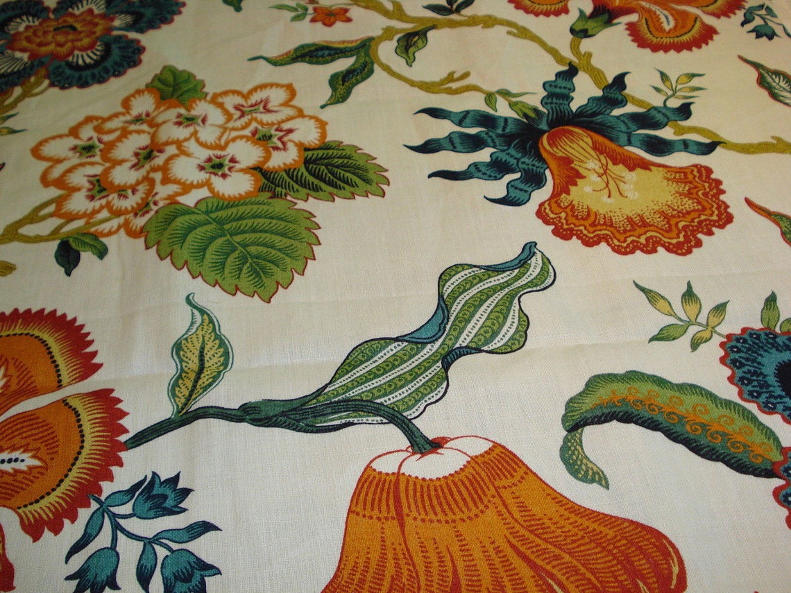 SCHUMACHER EXOTIC JACOBEAN Tree of Life Linen Fabric 10 Yards Persimmon ...