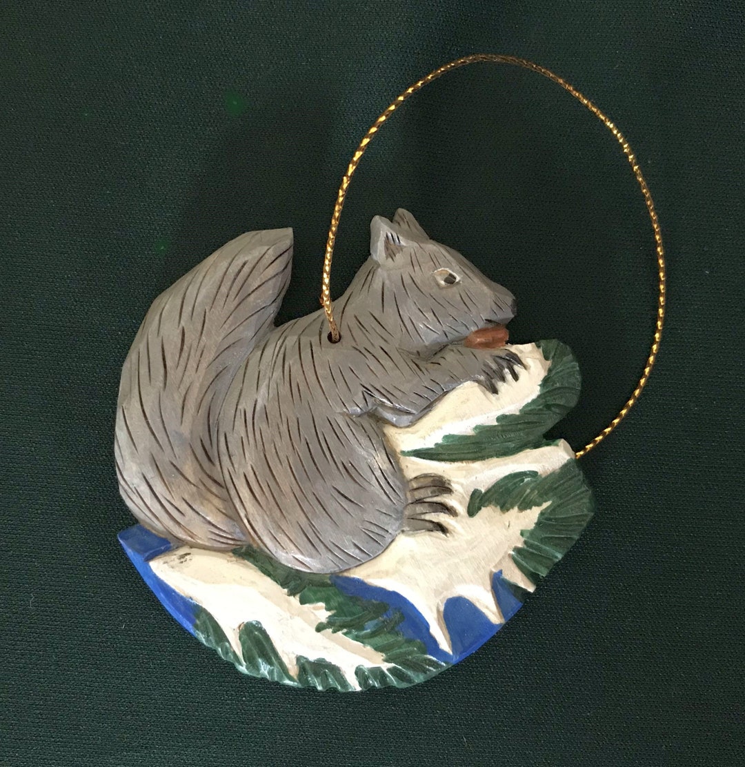 Handcarved Wooden Christmas Tree Ornament. Grey Squirrel . Hand Painted ...