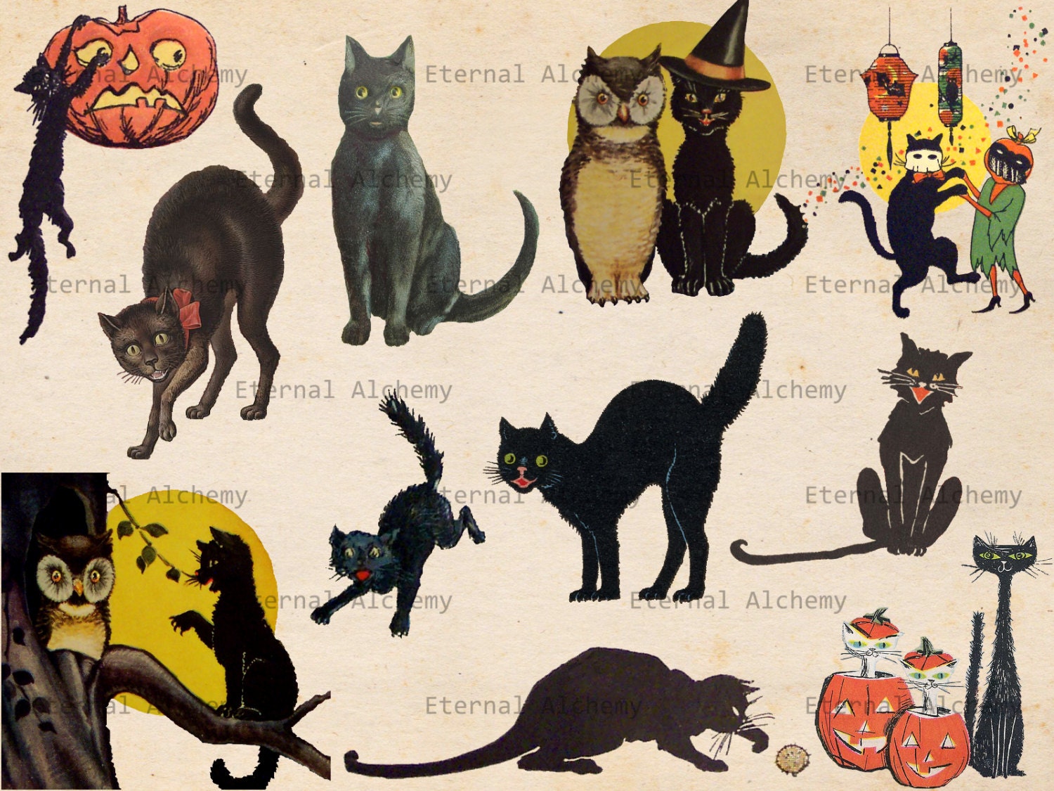 Vintage Halloween Images Cats Set 1 11 Clipart/digital Images Instant ...