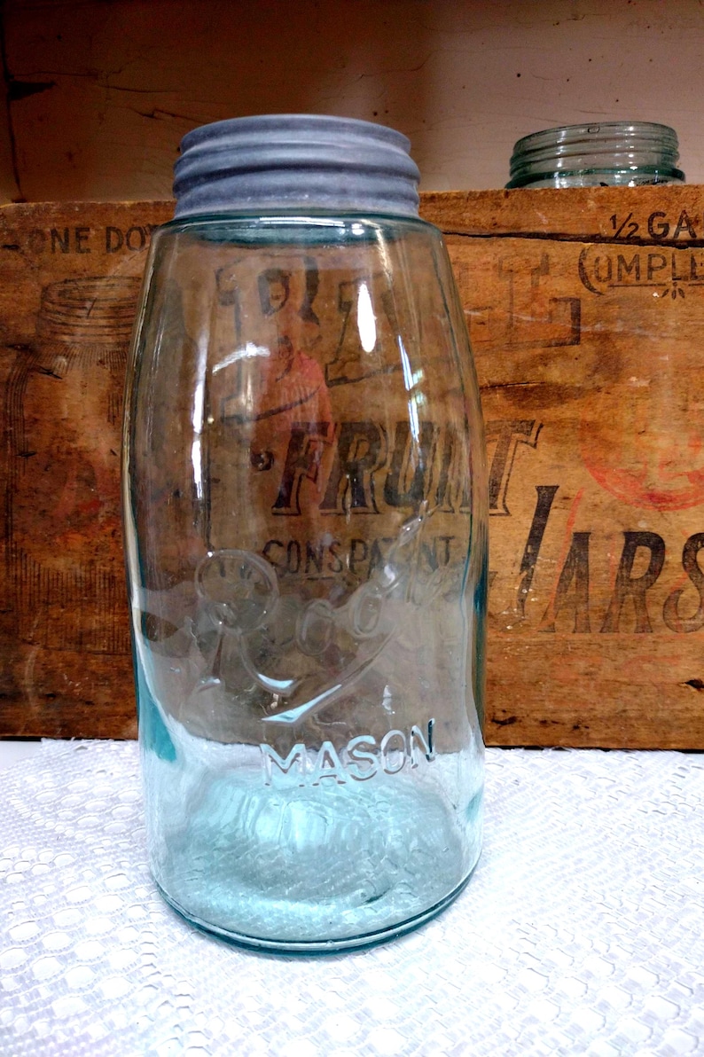One Antique IMPERFECT Aqua Blue Half Gallon Root Mason Jar With Rustic ...