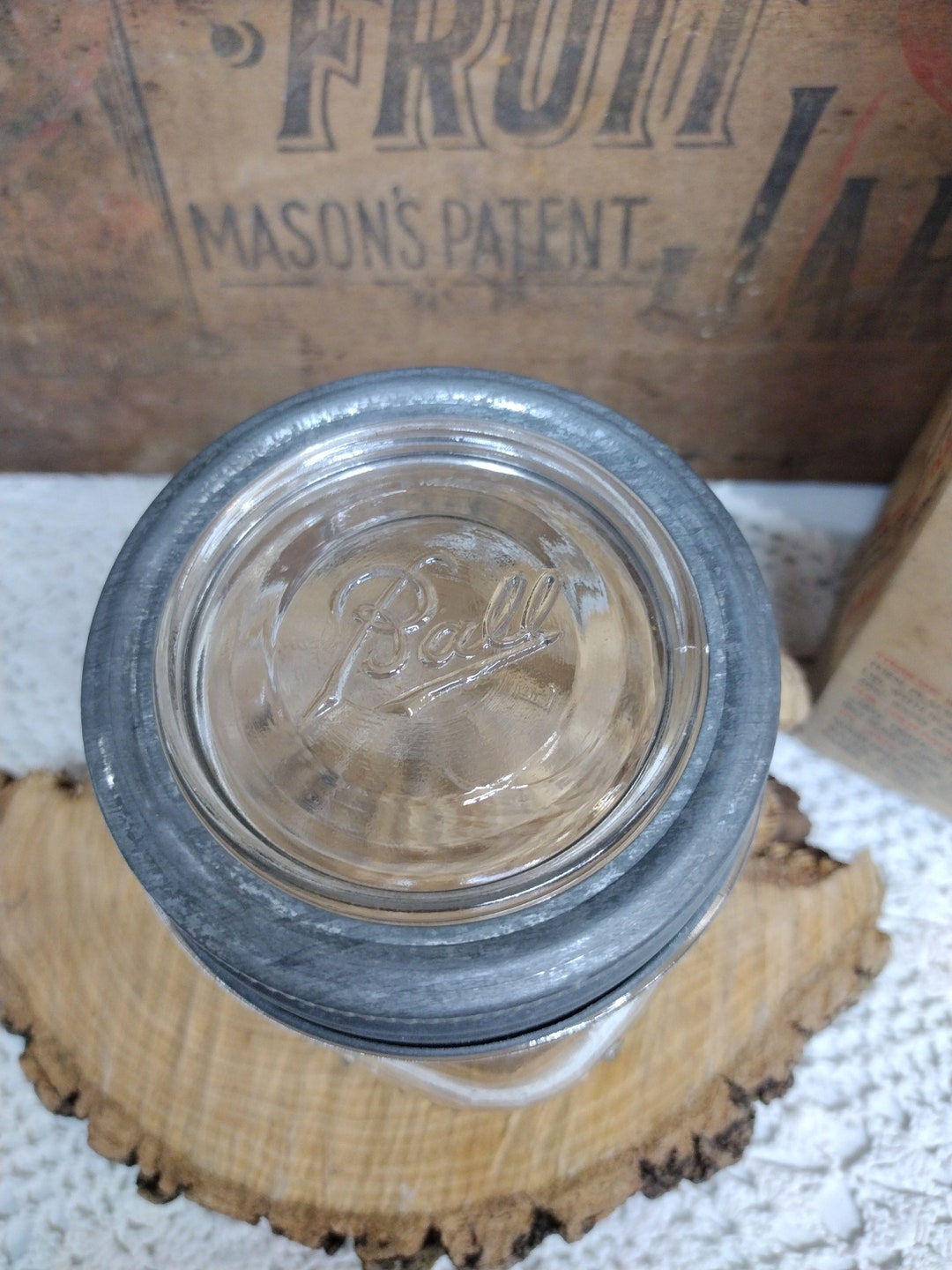 ONE Vintage WIDE MOUTH Ball Glass Lid With Zinc Ring Band is Slightly ...