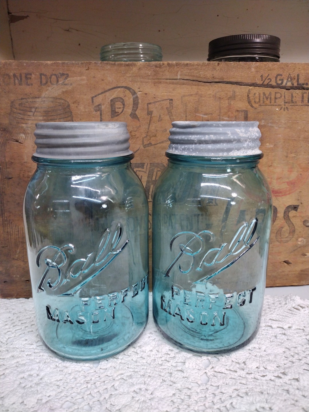 Two Vintage IMPERFECT Aqua Blue Ball Perfect Mason Quart Sized Jars ...