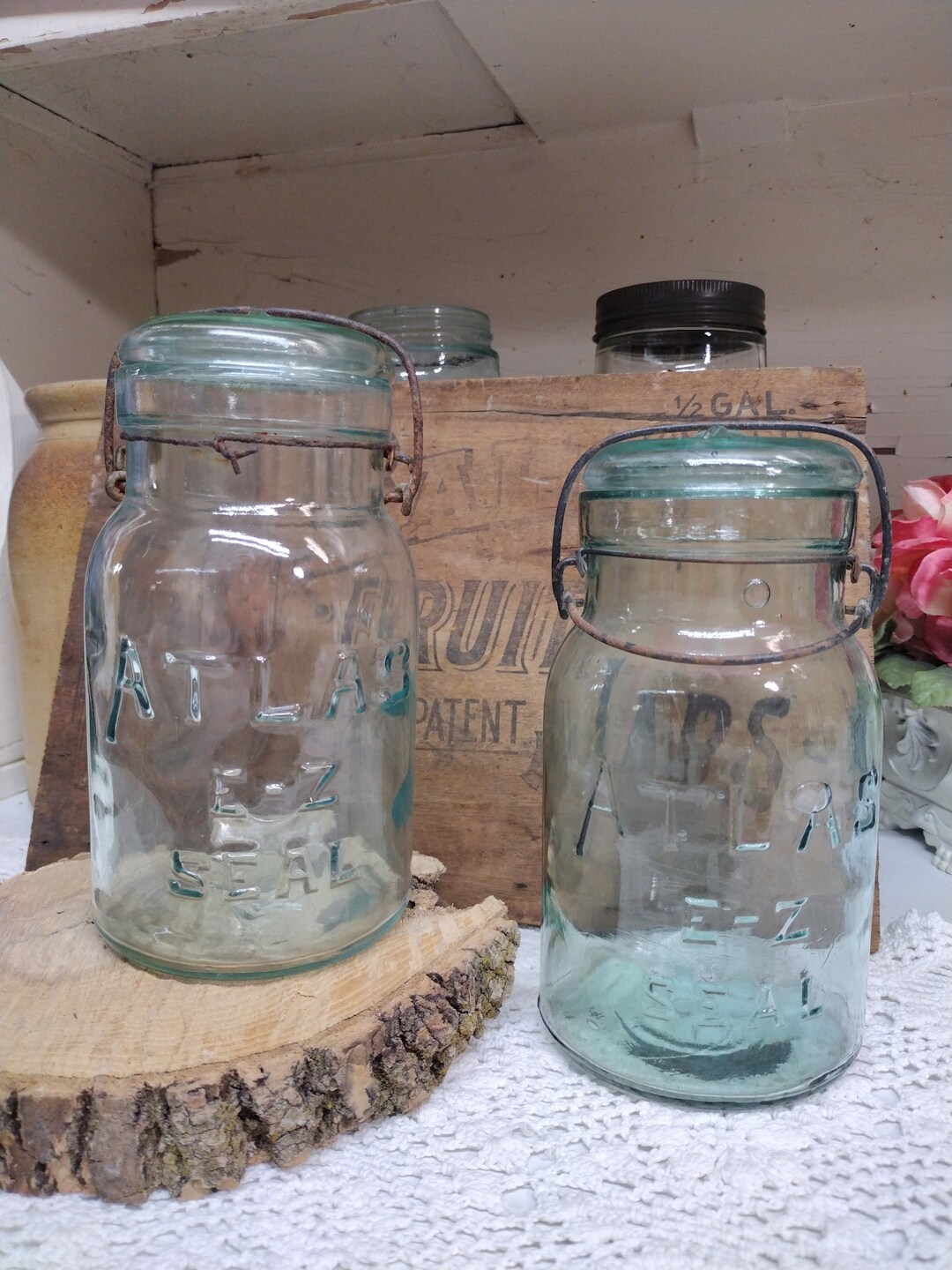 Two Antique Atlas E-Z Seal Quart Sized Light Icy Aqua Jars With Light ...
