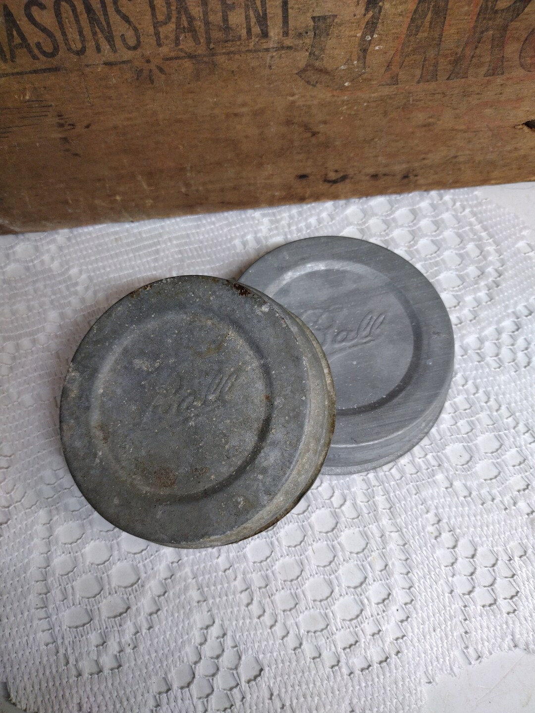 Two Vintage RUSTIC Ball Brand WIDE MOUTH Zinc Lids With Porcelain ...