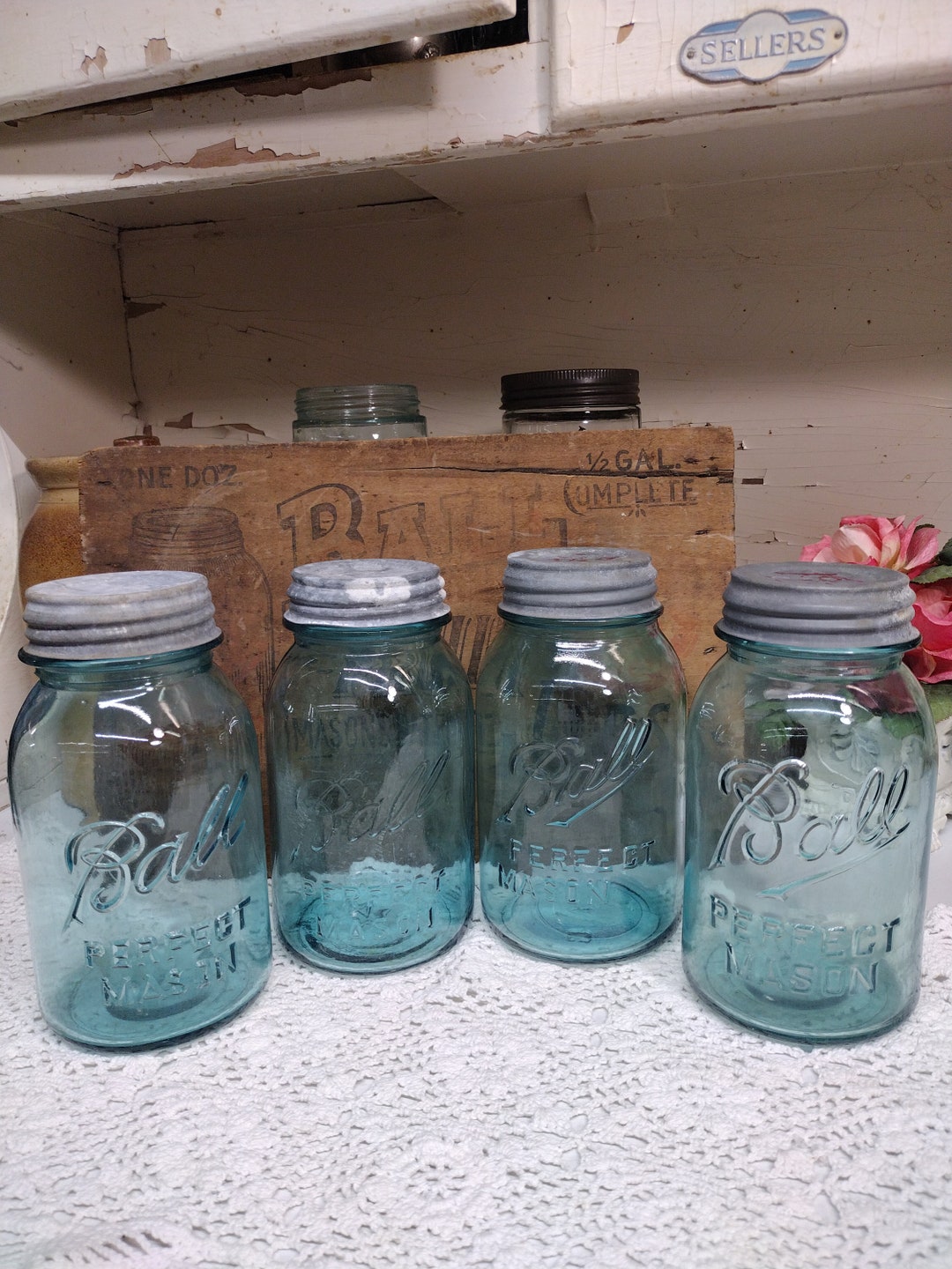 4 Vintage SCRATCH AND DENT Aqua Blue Ball Perfect Mason Jars Quart ...