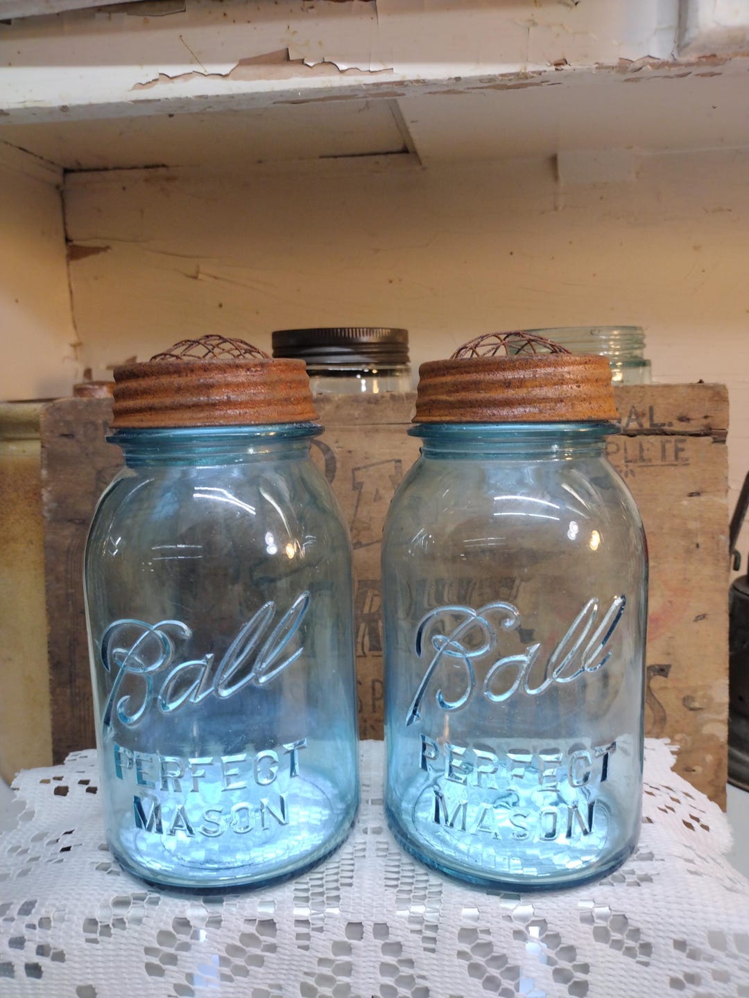 2 Vintage IMPERFECT AQUA Ball Perfect Mason Quart Sized Jars With ...