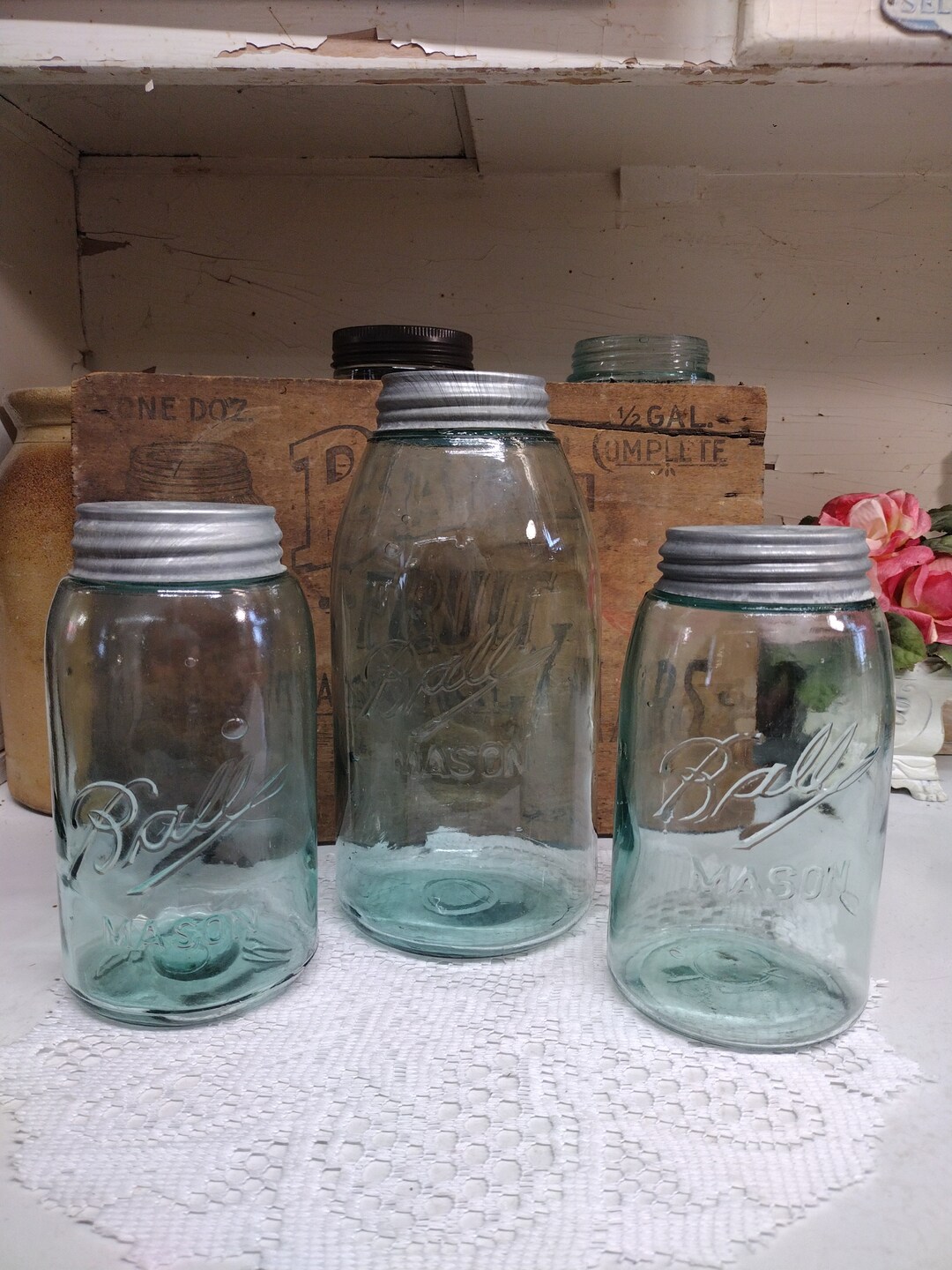 3 IMPERFECT Antique Aqua 3L Ball Mason Jars One Half Gallon Sized Two ...