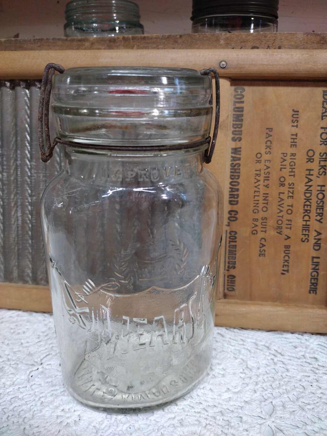 One Vintage Quart Sized Clear Oval Wears Jar With Twin Wire Clamps and ...