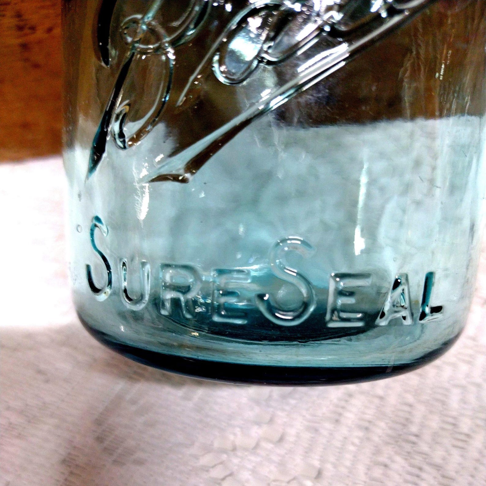 One IMPERFECT Vintage Aqua Colored WIDE MOUTH Glass Lid Ball Sure Seal ...