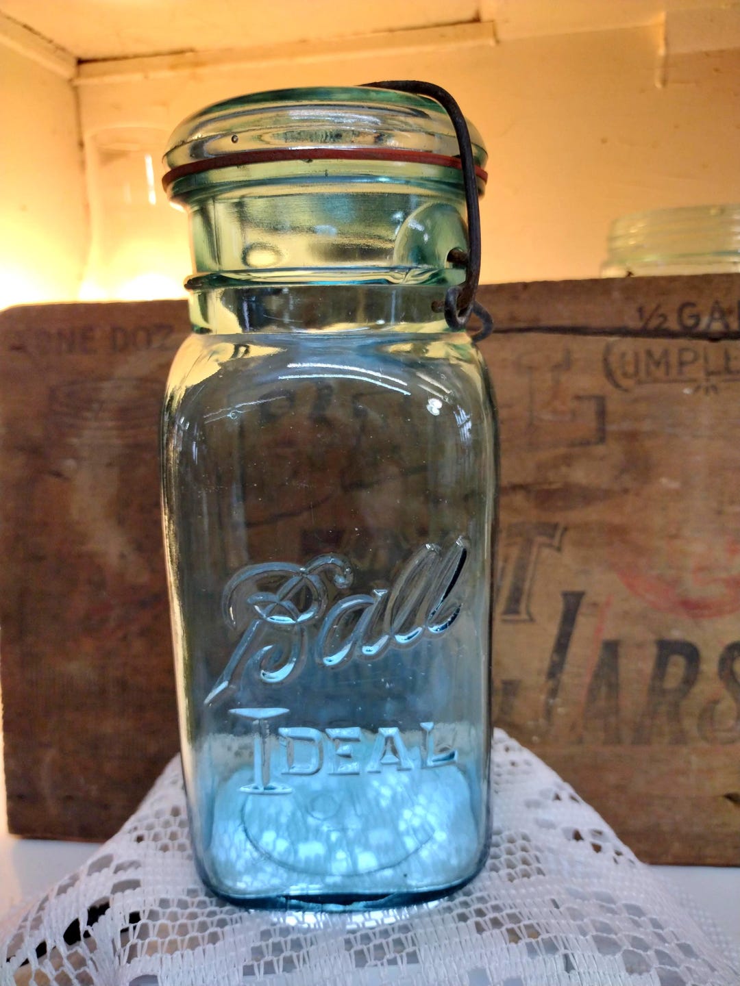 One Vintage IMPERFECT CHIPPED Aqua Blue Ball Ideal Square Shaped Quart ...