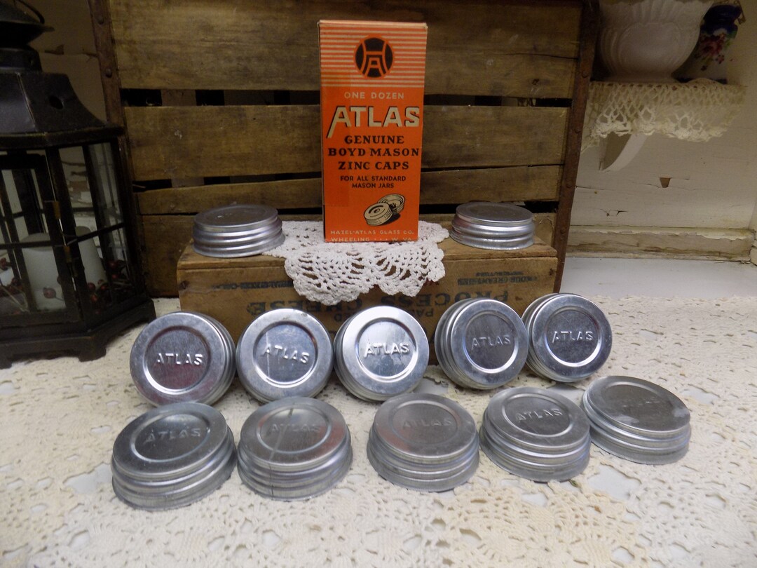12 Vintage New Old Stock Atlas Zinc Lids Standard Mouth Size Box ...