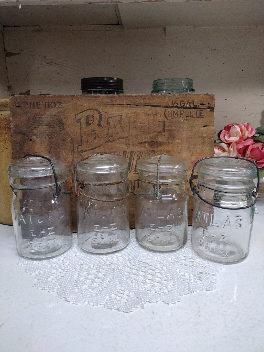 4 Vintage IMPERFECT Clear Atlas E-Z Seal Pint Sized Jars With Scratch ...