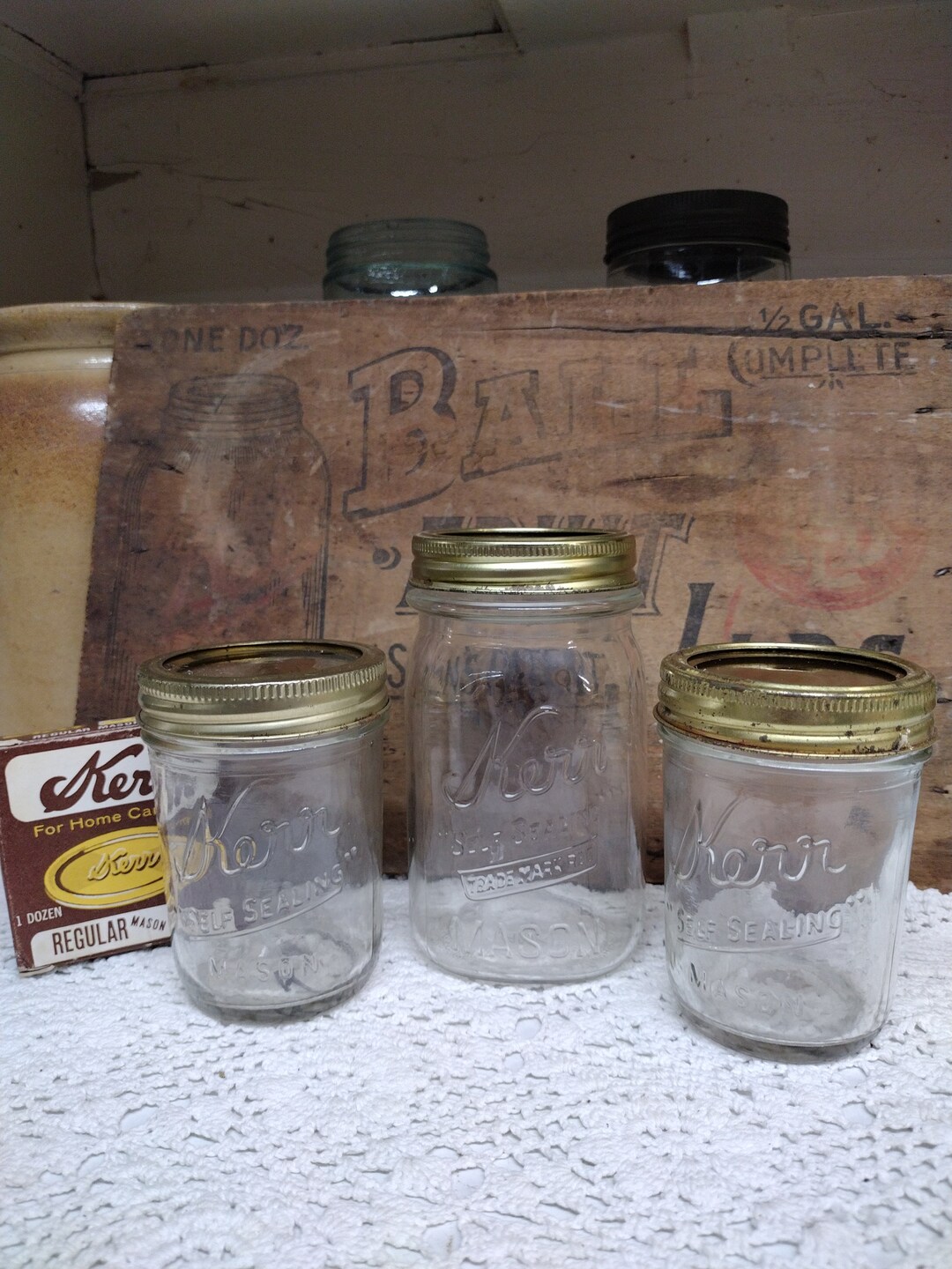3 Vintage Clear Kerr Jars 2 Jelly Jars 1 Pint Jar Rustic Metal Lids ...