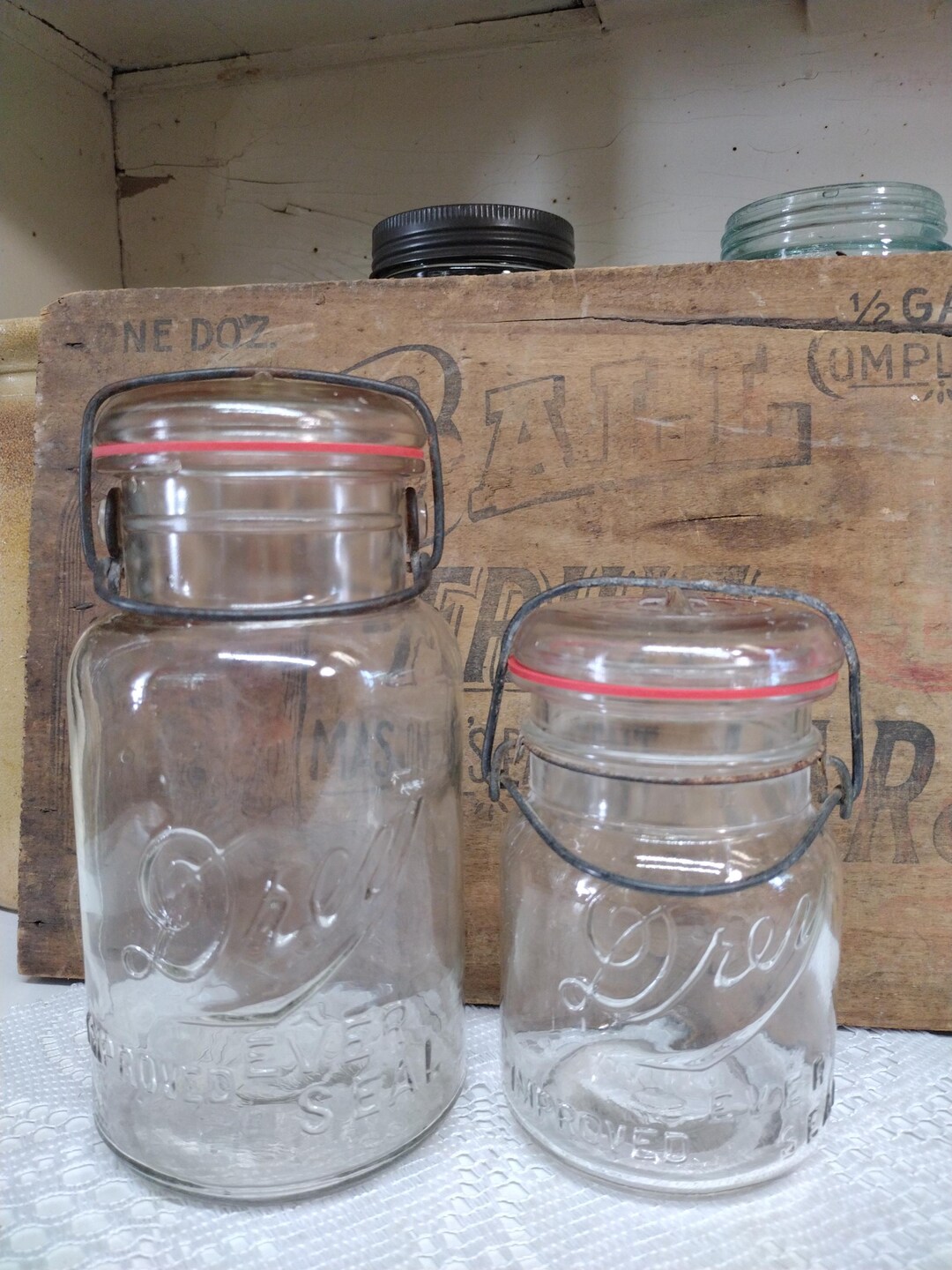 Two Vintage IMPERFECT Clear Drey Improved Ever Seal Jars Quart and Pint ...