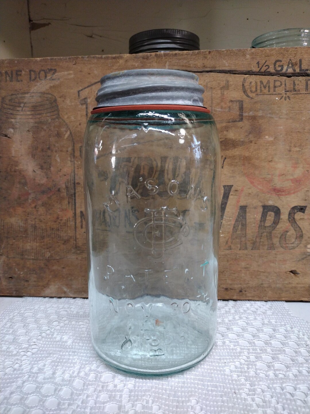 One Antique IMPERFECT HAZY Light Aqua Quart Sized Mason's CFJCO Patent ...
