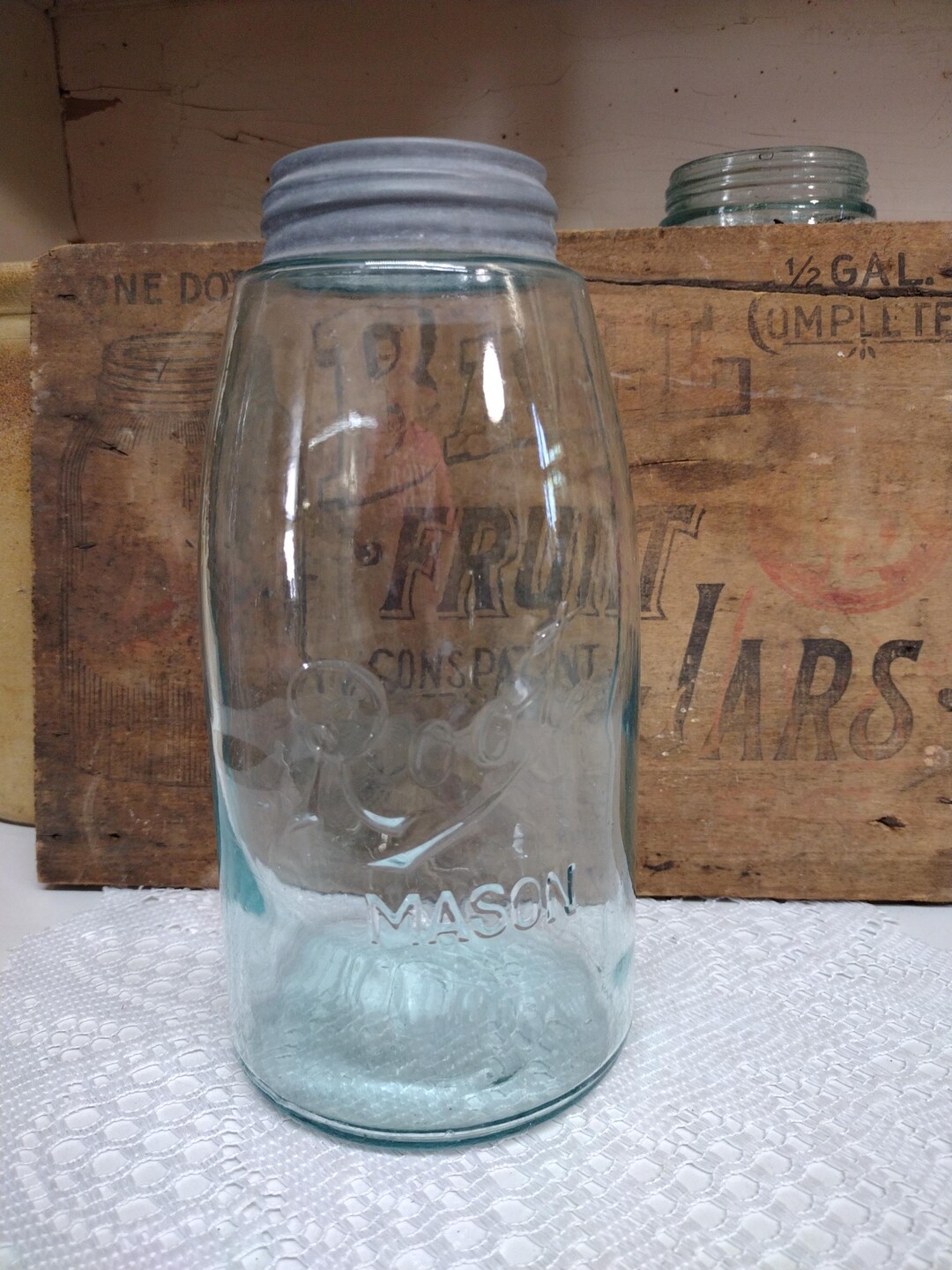 One Antique IMPERFECT Aqua Blue Half Gallon Root Mason Jar With Rustic ...