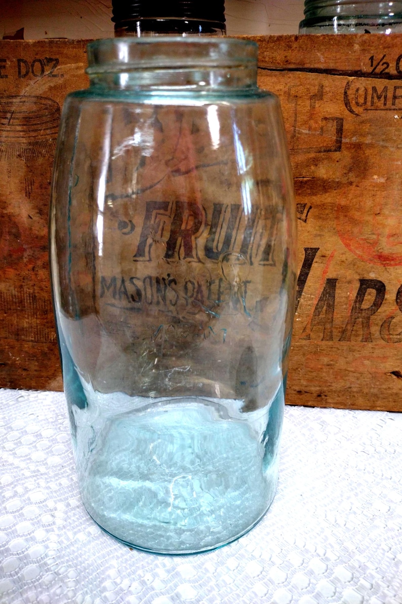 One Antique IMPERFECT Aqua Blue Half Gallon Root Mason Jar With Rustic ...