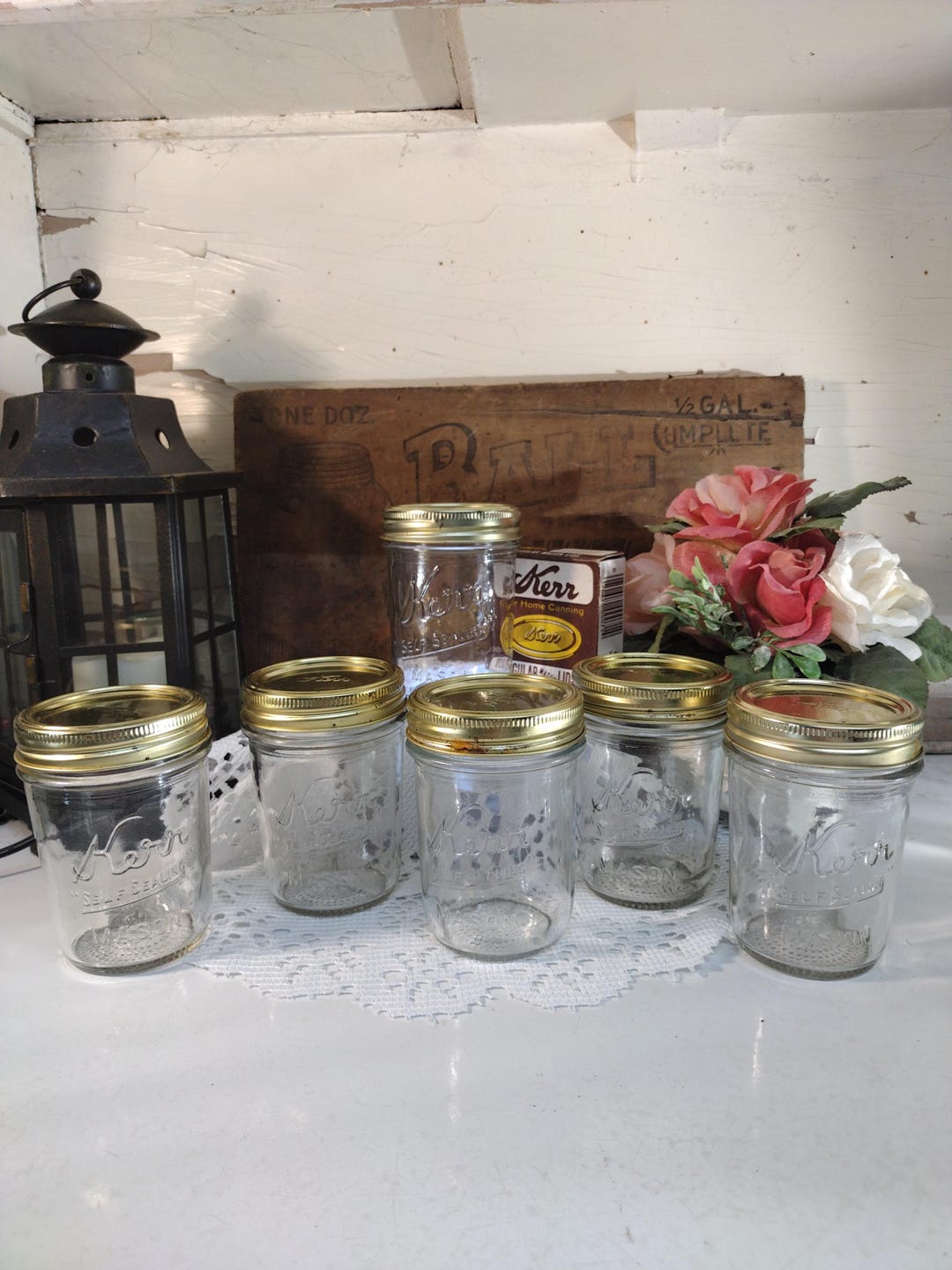 6 Vintage IMPERFECT Clear Kerr Self Sealing Mason Jelly Jars Rustic ...
