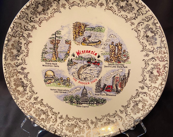 Vintage State Plate Wisconsin the Badger State Plate Gold Filigree ...