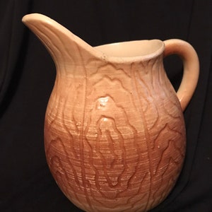 Vintage Large Rustic Pottery Pitcher Beautiful Wood Design No Markings ...