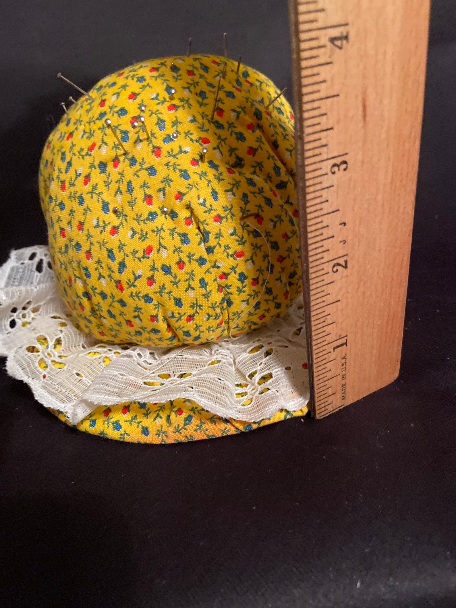 Vintage Pin Cushion Calico Lace Hat Yellow Sewing Pin Cushion | Etsy