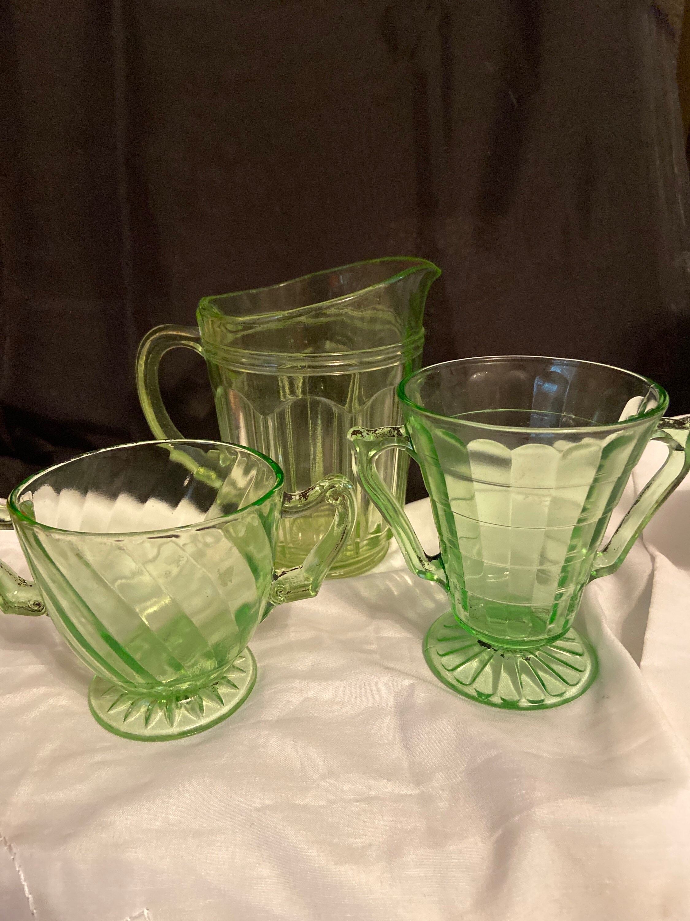 Vintage Green Depression Glass Creamer And Two Sugar Bowls Etsy vintage-green-depression-glass-creamer-and-two-sugar-bowls-etsy