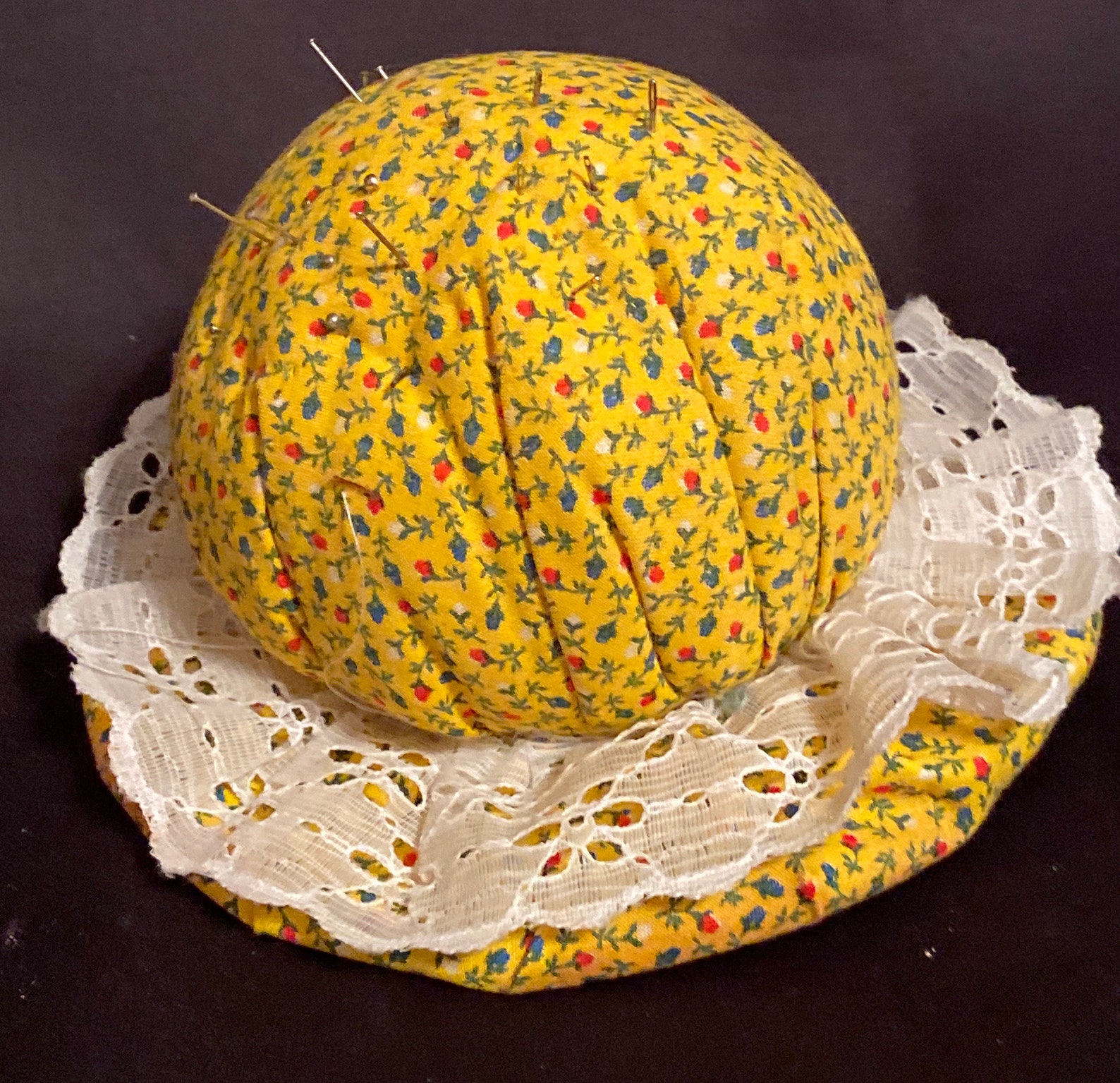 Vintage Pin Cushion Calico Lace Hat Yellow Sewing Pin Cushion - Etsy