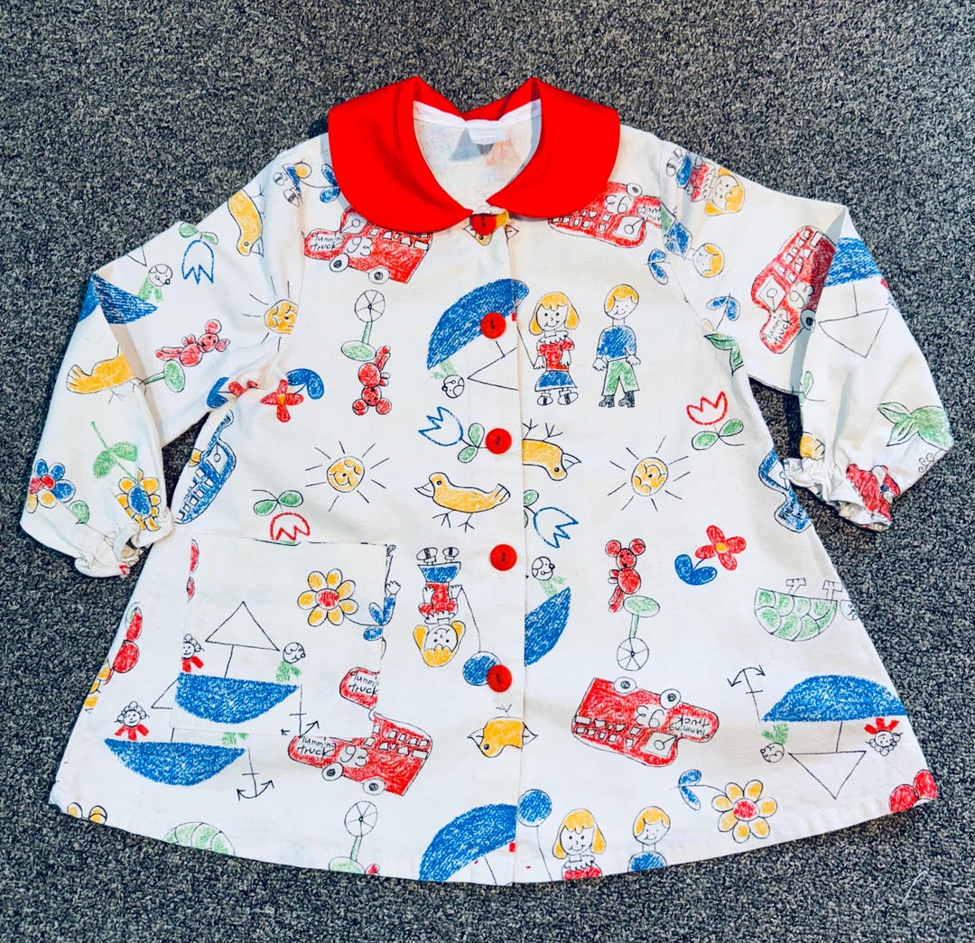 Classic School Girl Smock Dress White Whimsical Print W/front Pocket ...