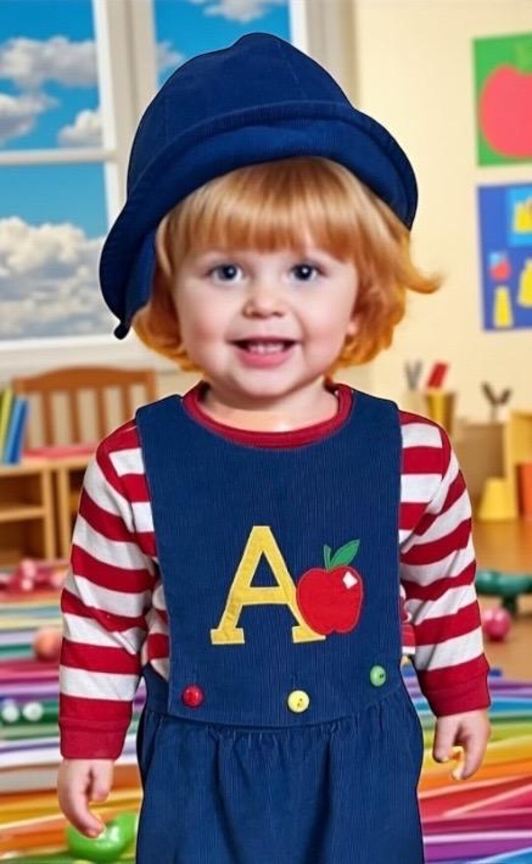 VTG Fischel Blue Corduroy Preschool ABC Overall & Bonnet Set SZ 4T Also ...