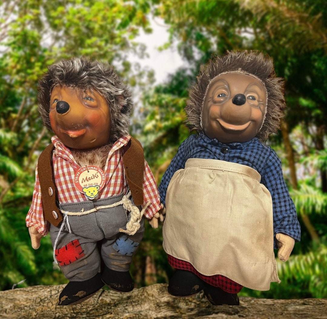 Vintage 10" STEIFF Hedgehog Family Micki and Mecki GERMANY W/pet Pig ...