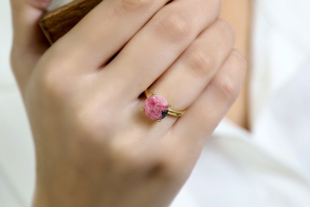 Pink Rhodonite Ring · 14k Gold Gemstone Ring · Vermeil Solitaire Ring ...