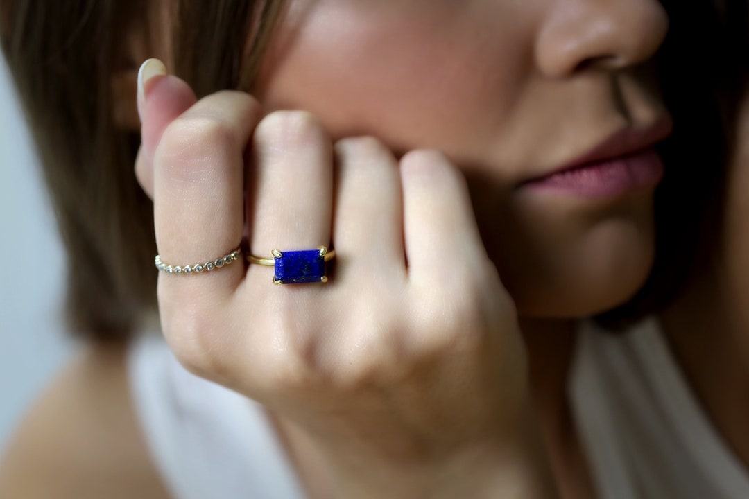 Lapis Lazuli Engagement Ring · Blue Lapis Rectangle Ring · September Birthstone Natural Lapis ...
