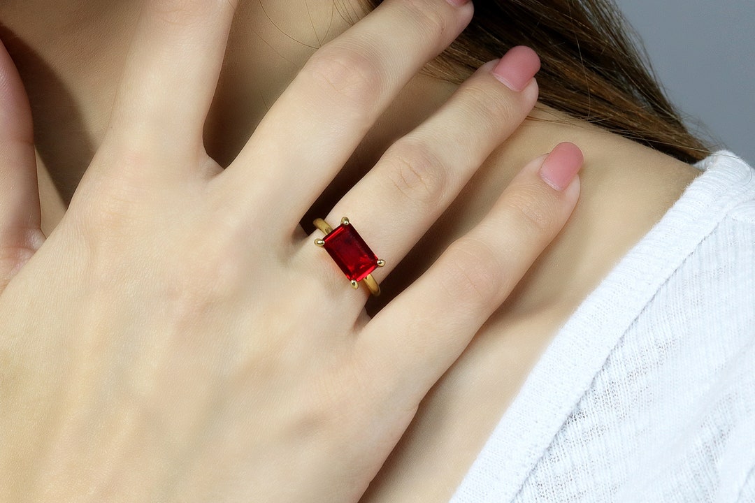Red Ruby Rectangle Ring July Birthstone Gemstone Ring Stackable Stone ...
