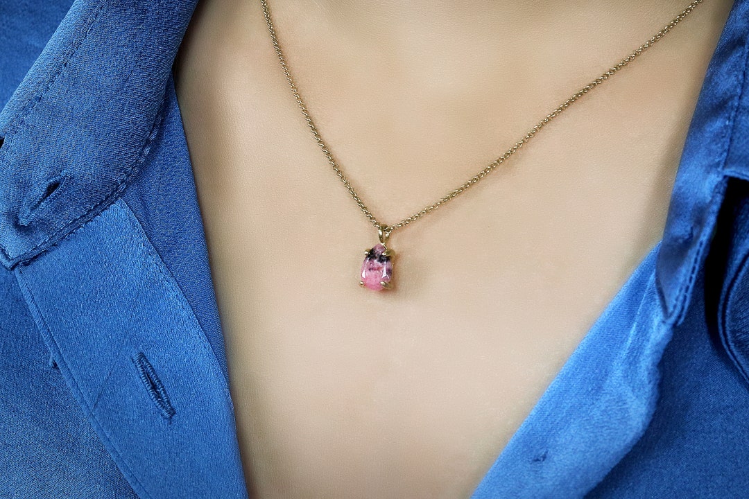 Gold Teardrop Necklace · Rhodonite Pear Pendant Necklace · Pink Natural ...