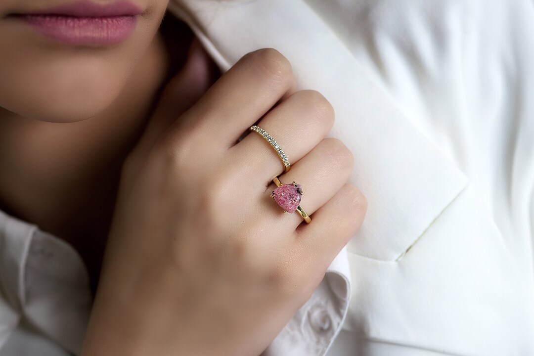 Pink Rhodonite Ring · Trillion Solitaire Ring · 14k Gold Ring · Custom ...