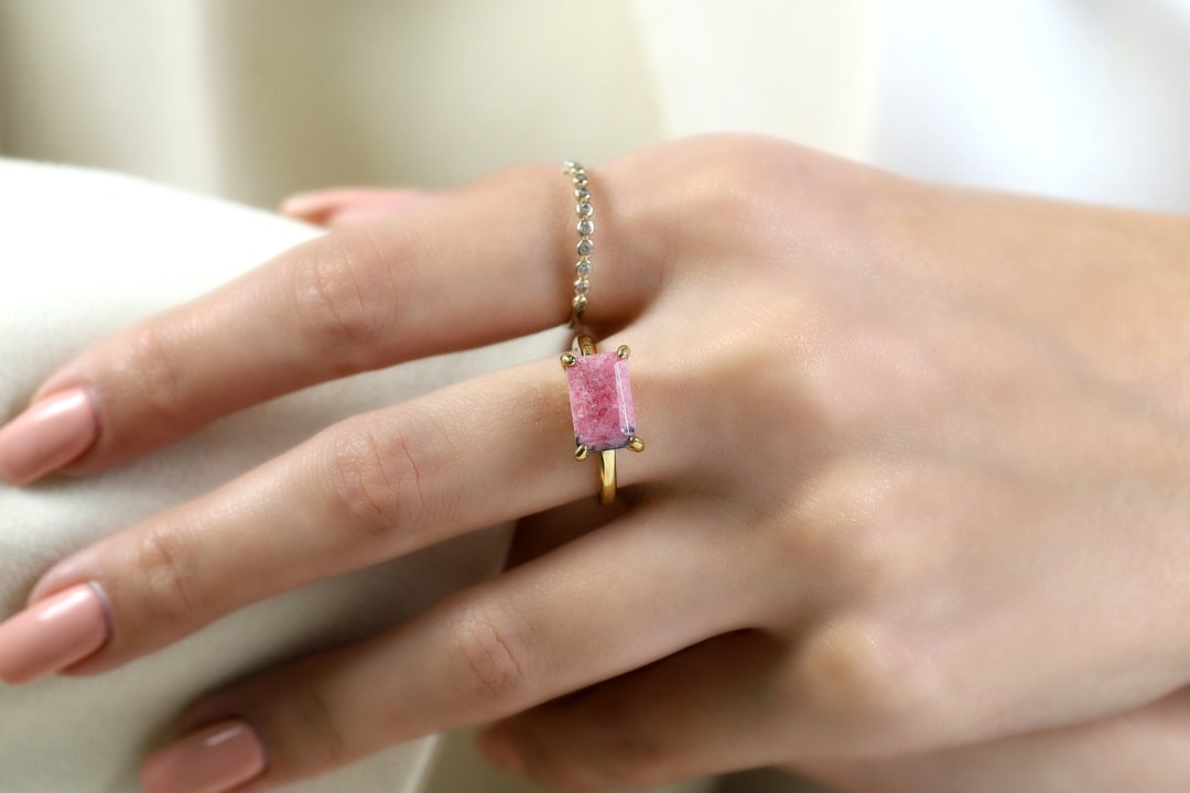 Rhodonite Ring · Rectangle Gemstone Ring · Gold Ring · Pink Stone Ring ...