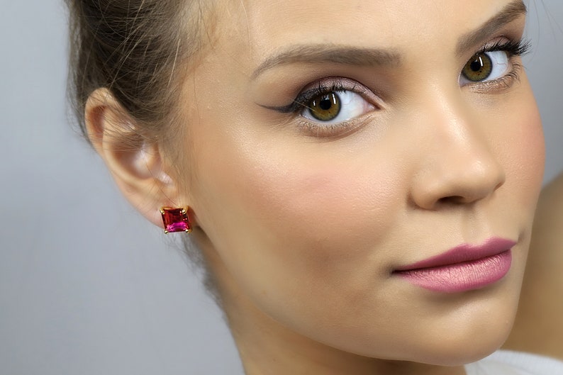 Square Cut Stud Pink Tourmaline Gold Filled Earrings · Gemstone Stud ...