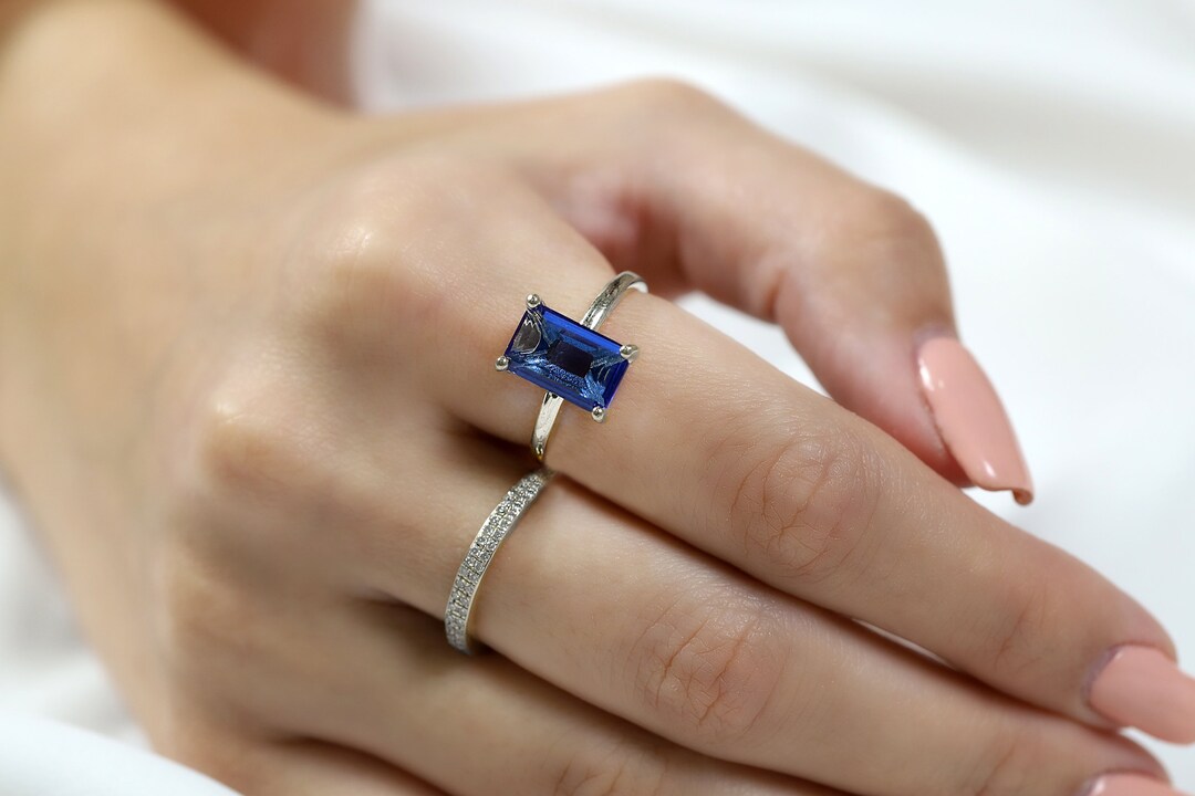 Sapphire Sterling Silver Ring · Rectangle Gemstone Ring · Solitaire ...