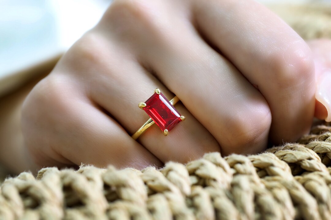 14k Gold Ruby Ring · July Birthstone Ring · Rectangular Gemstone Ring ...