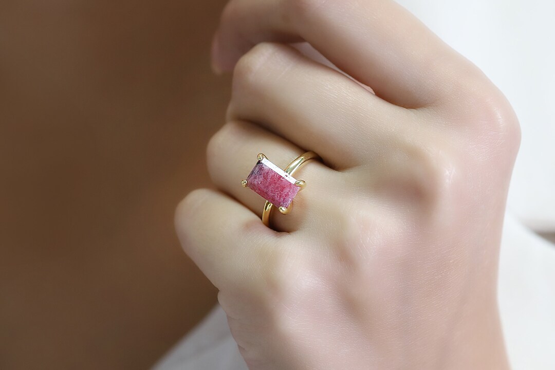 Rhodonite Ring · Rectangular Gold Gemstone Ring · 14k Engagement Ring ...
