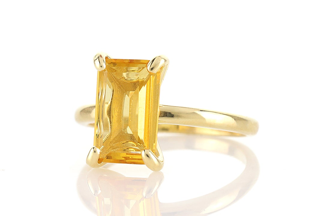 14k Gold Citrine Ring · November Birthstone Ring · Solid Gold Gemstone Ring · Rectangle Emerald ...