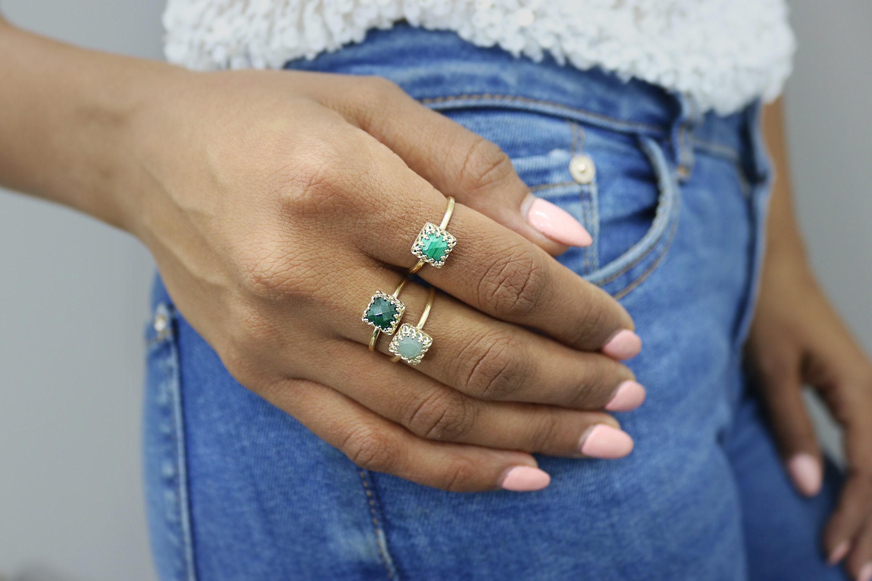 Green Aventurine Ring Thin Ring Gold Ring Square Ring | Etsy