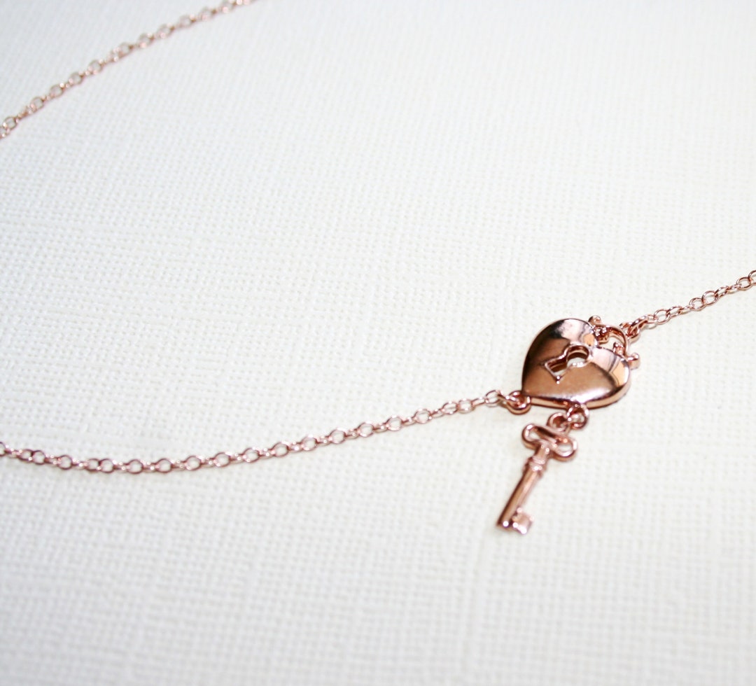 Lock & Key Necklace in Sterling Silver 18k Rose Gold Plating, Lock and ...