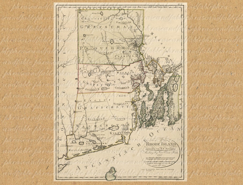 Map of Rhode Island From the 1700s Digital Download America United ...