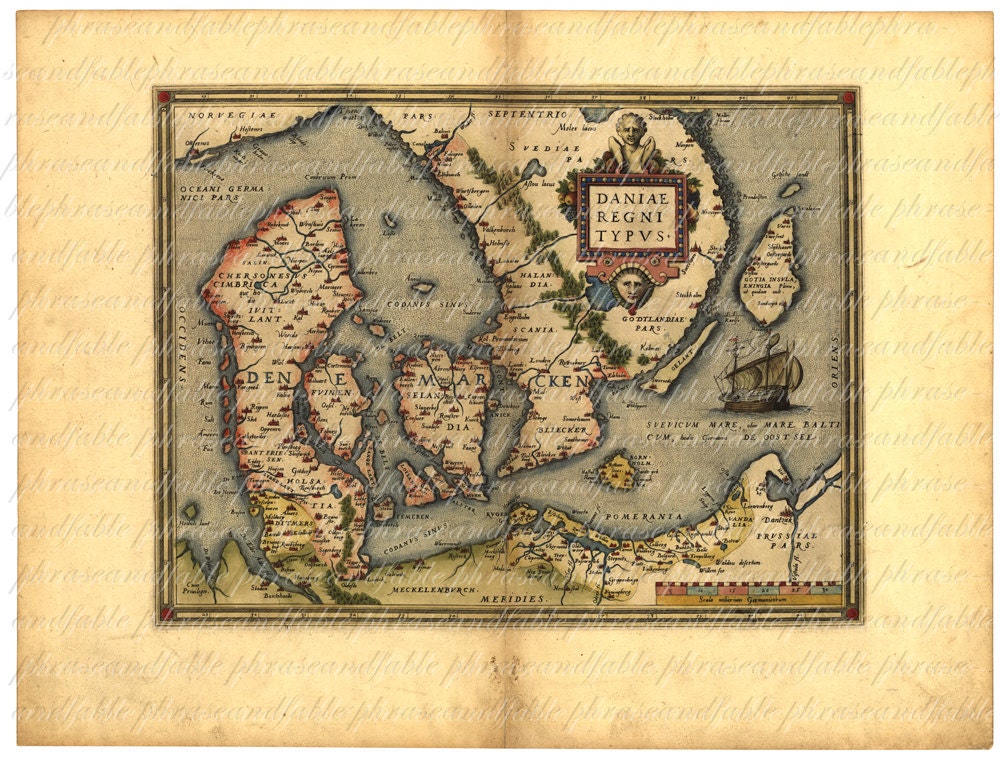 Map of Denmark From the 1500s 093 Ancient Old World Copenhagen Aarhus ...