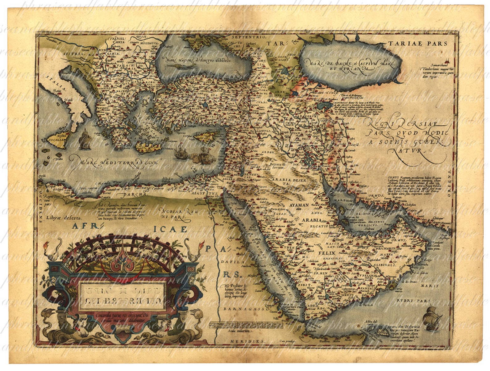 Map of the Middle East From the 1500s Persia Saudi Arabia Cyprus Turkey ...