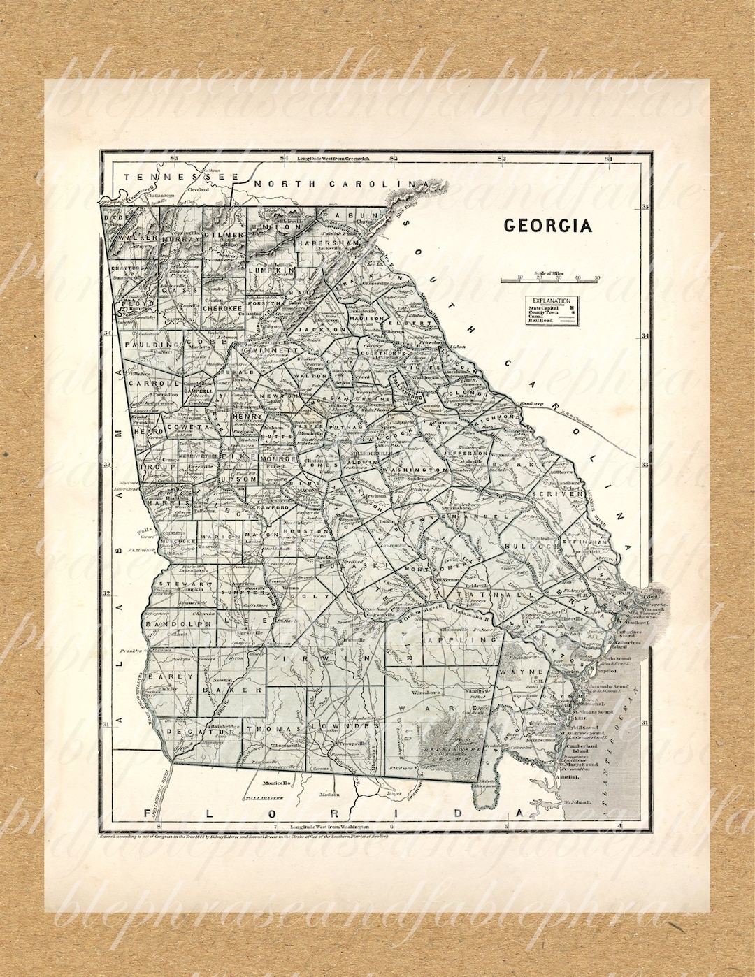 Map of Georgia From the 1800s 367 New World Old Map Digital Image ...