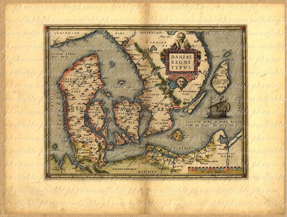 Map of Denmark From the 1500s 093 Ancient Old World Copenhagen Aarhus ...