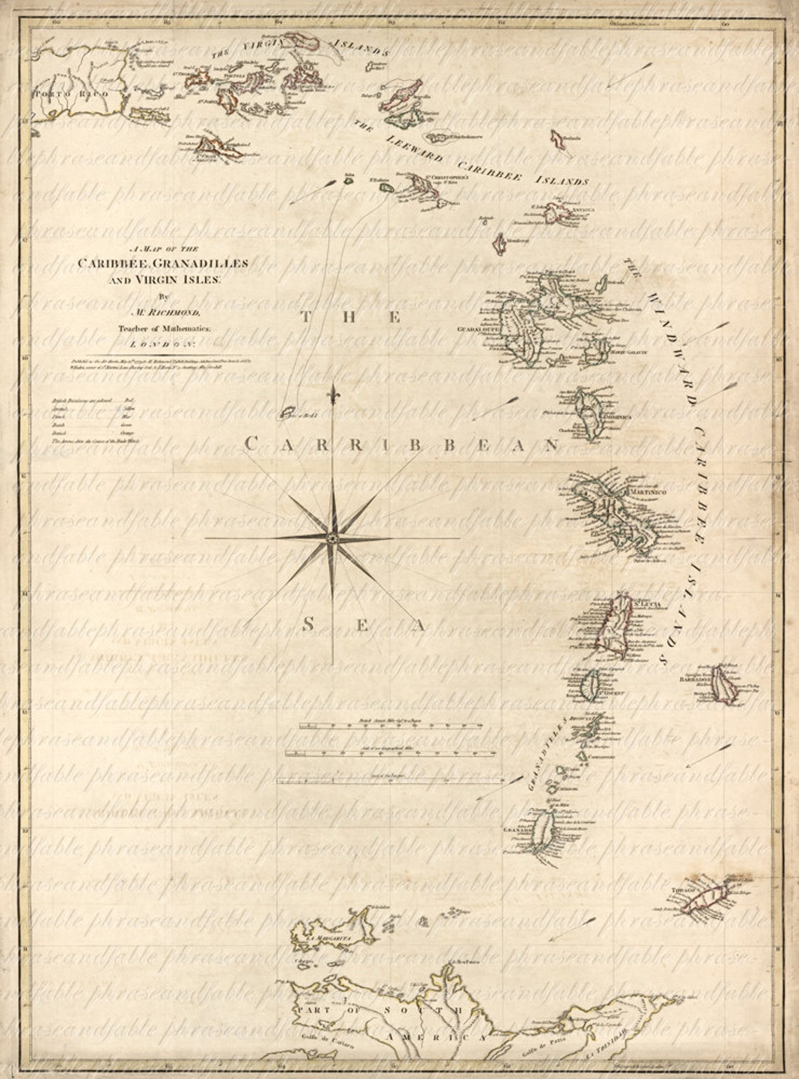 Map of the Caribbean Sea From the 1700s 114 Map West Indies Virgin ...
