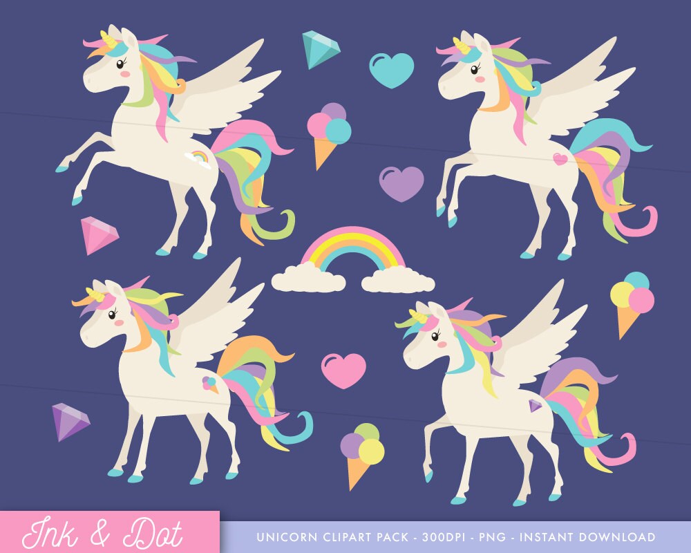 Unicorn Clip Art, Cute Unicorns, Rainbow, Diamonds, Hearts, Pony ...